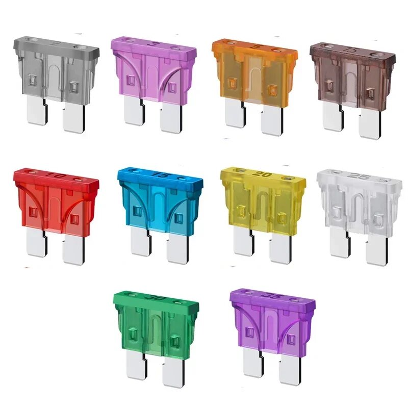 100 шт, 10 значений, 2 А, 3 А, 5 А, а, 10 А, 15 А, 20 А, 25 А, 30 А, 35 А, набор стандартных лезвий в ассортименте