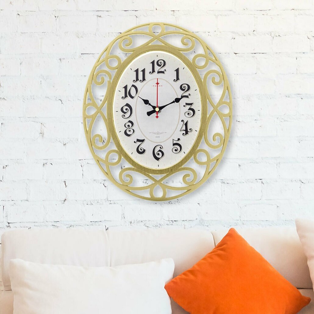 Часы настенные овальные "Классика" 31х26см, корпус металлический, золотистый цвет, удобное размещение, четкий циферблат