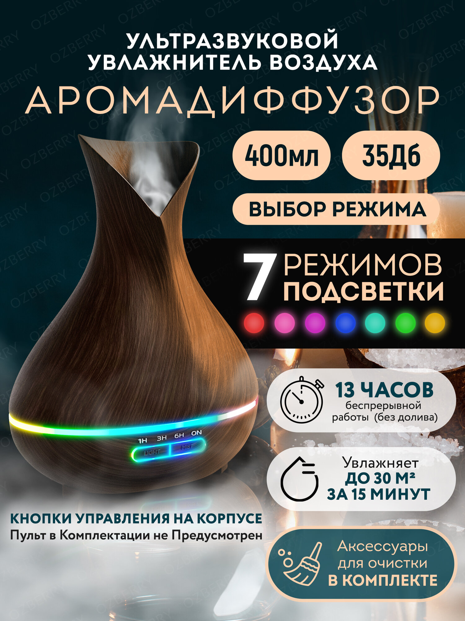 Аромадиффузор электрический ультразвуковой OZBERRY. 400мл. Увлажнитель воздуха настольный с ароматизацией, с подсветкой
