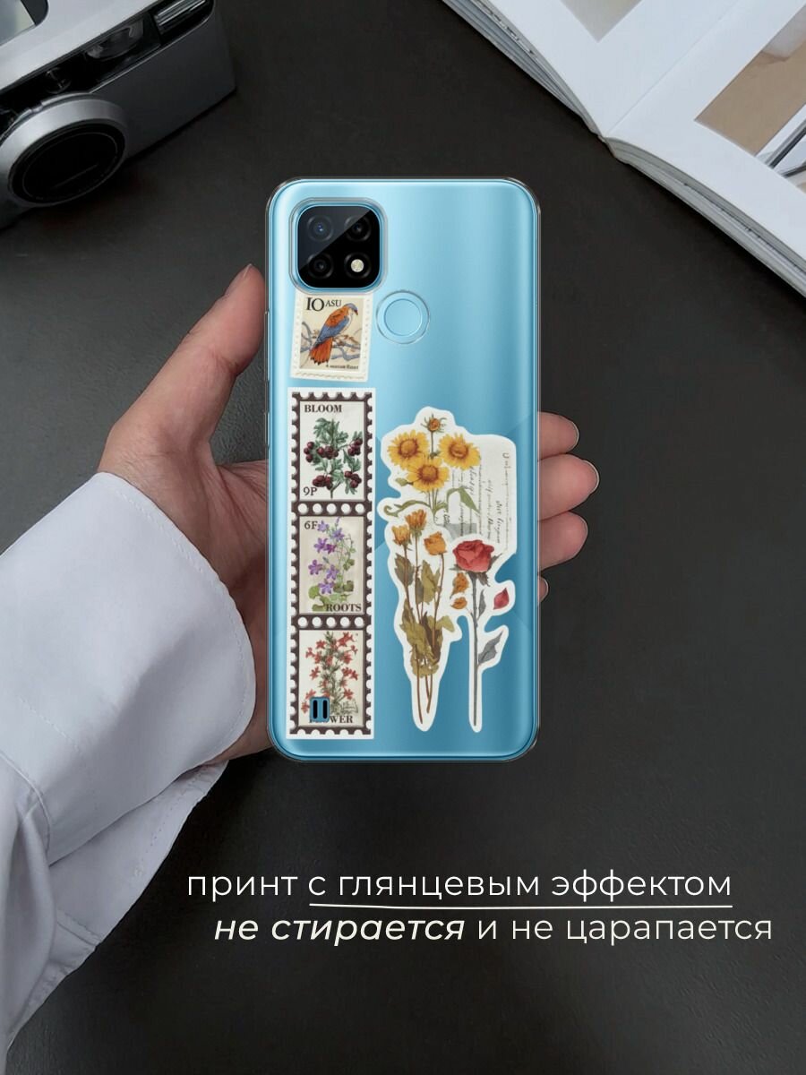 Силиконовый чехол на Realme C21 / Реалми С21 с принтом Марки с цветами — фото 1