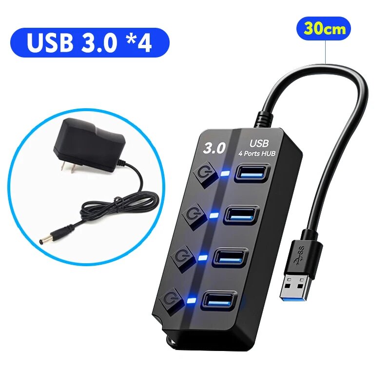 USB 3.0 хаб JUMPEAK 4 порта, 30см, черный