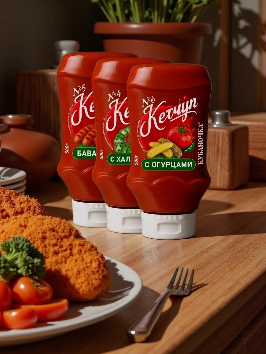 Кубаночка Кетчуп томатный Баварский, Халапеньо, Огурцами 500гр (Набор из 3 видов )