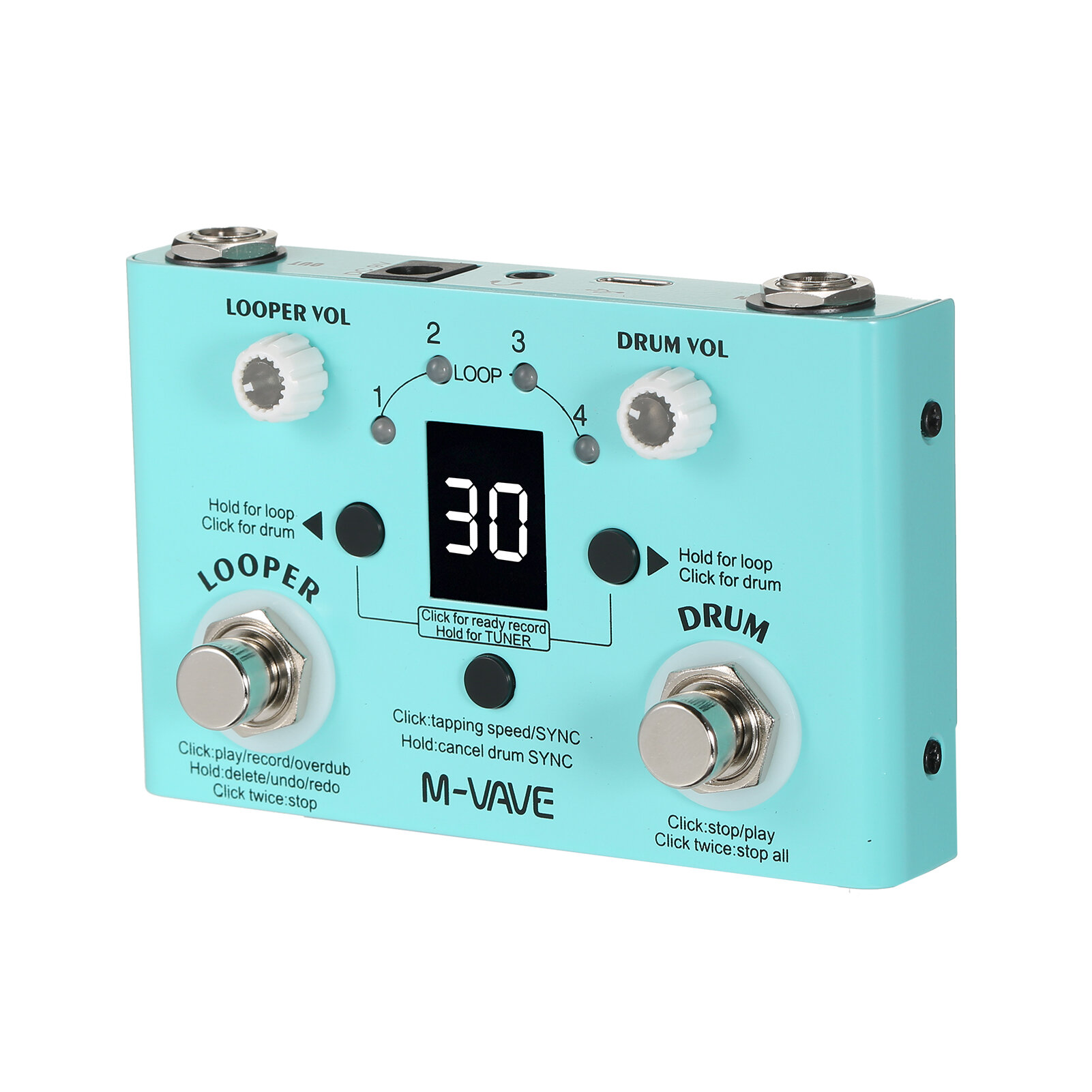 M-VAVE LOST TEMPO Эффектный педаль Drum & Looper Effector Мини 2-в-1 Looper & Drum Machine Двойной педаль Looper Педаль Looper Гитарная педаль 30 Драм & 4 Loops Тюнер Высокая точность Настройка скорости Материал Цинк сплав Размер 100*64*18mm Вес 176g