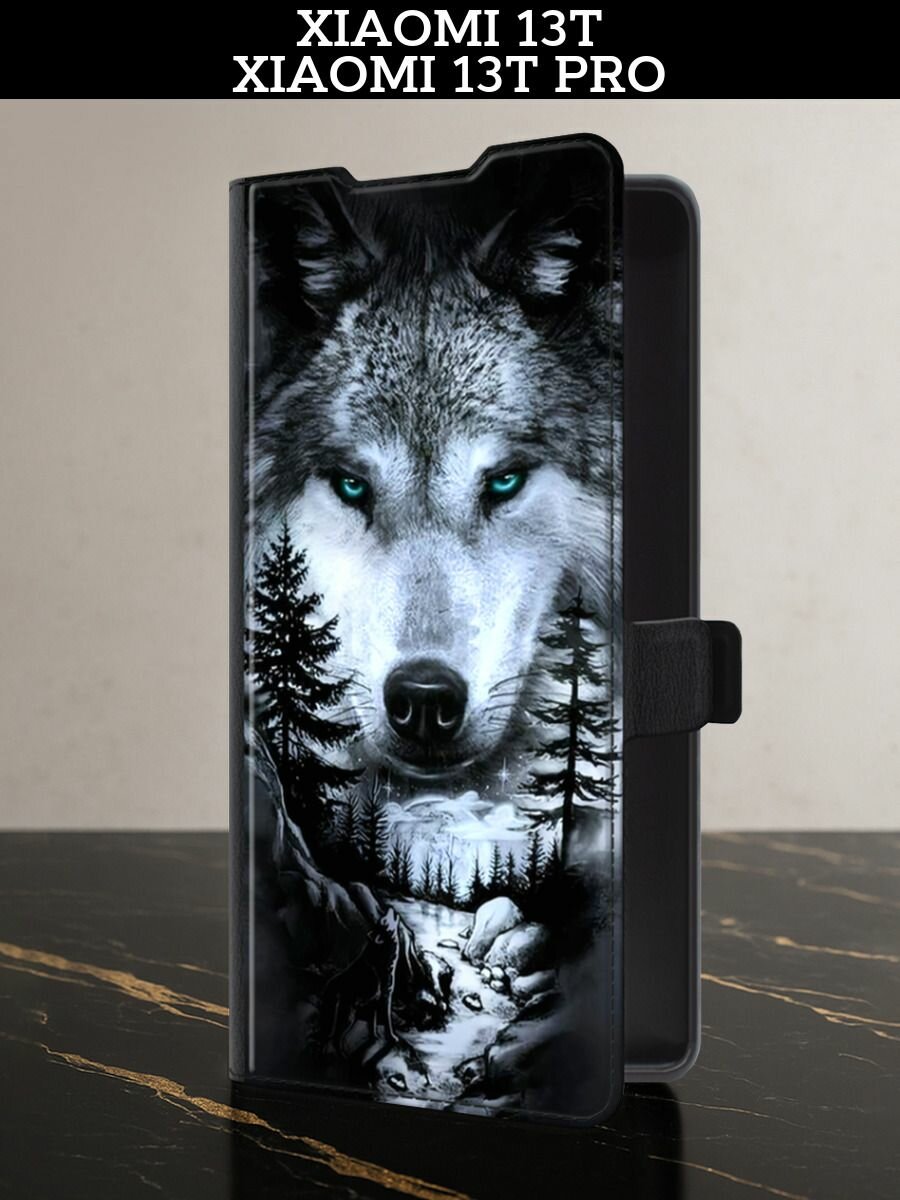 Чехол-книжка на Xiaomi 13T / 13T Pro (Сяоми 13T / Сяоми 13Т Про) с картой и принтом "Волк в зимнем лесу"