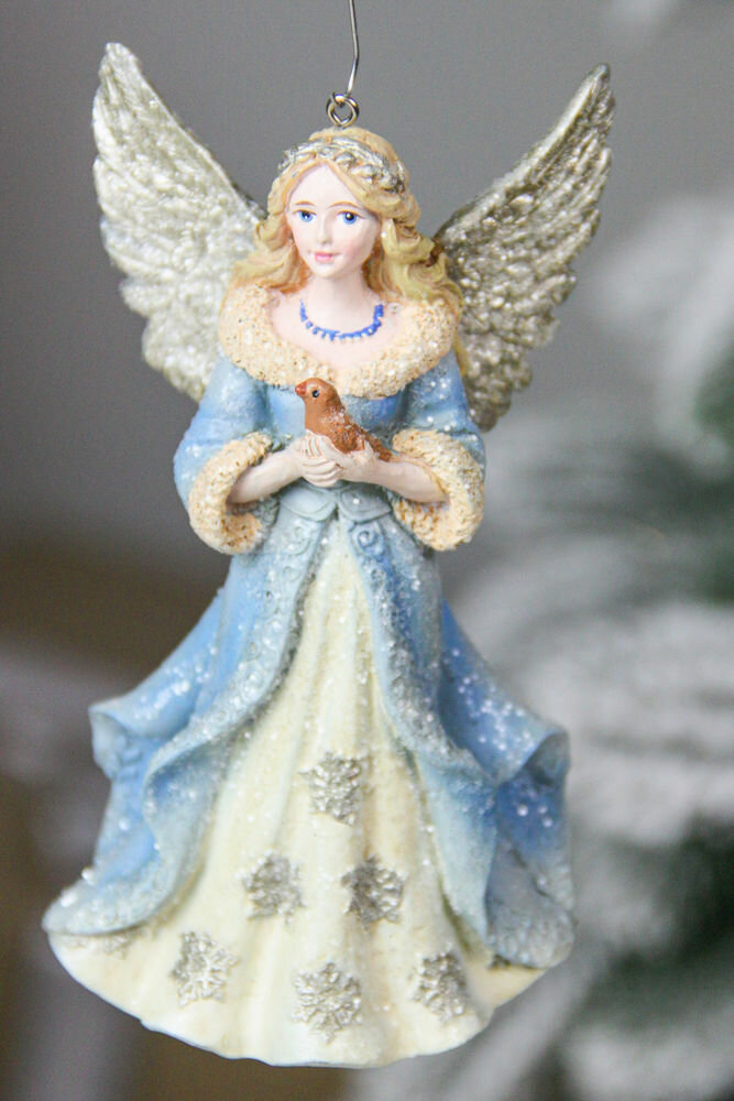 Ёлочная игрушка ангел В колье С птичкой, полистоун, 11 см, Kurts Adler E1031-2