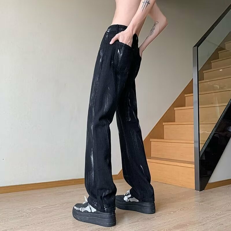 Тренд RONG CH Мужские Джинсы Лето Тай-Дай Черные Свободные Стрейт Кэжуал Деним, Размер_XXXL