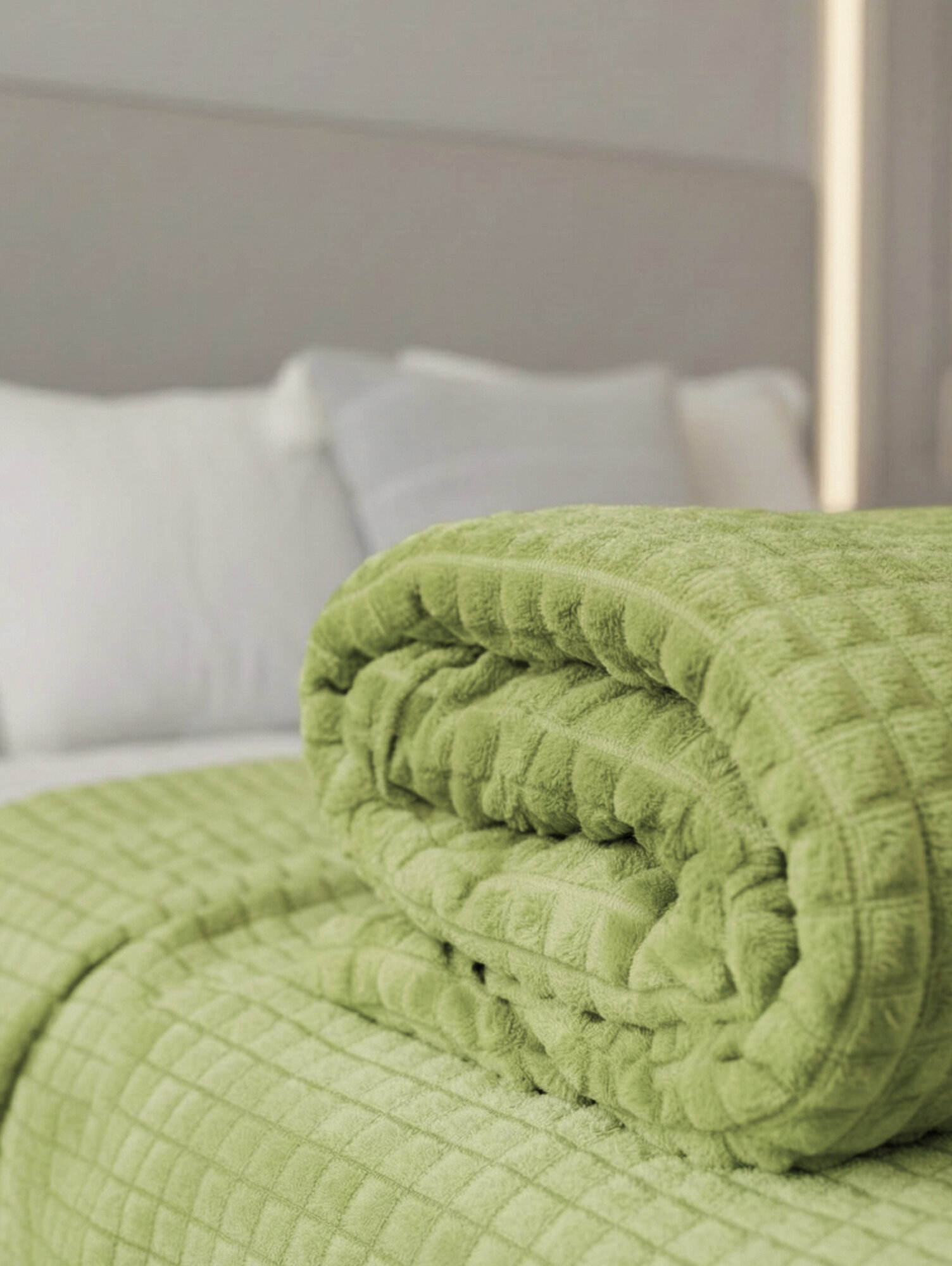 Плед Кубик зеленый Велсофт 200х220, хаки, плед-покрывало евро