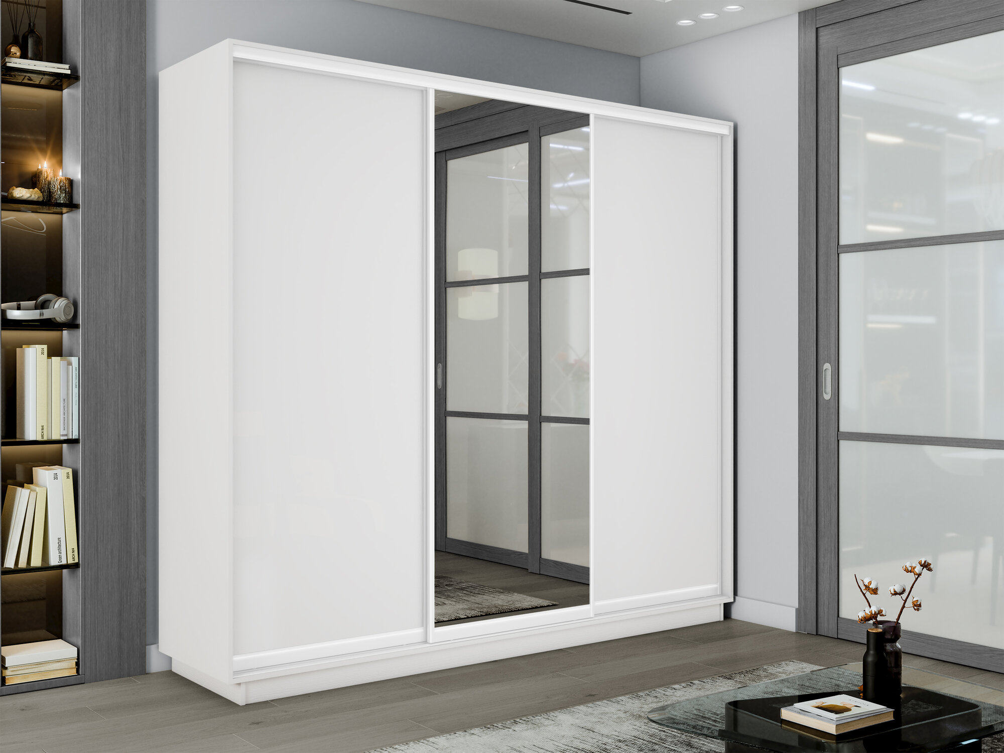 Шкаф купе Вилли 3-х дверный ЛДСП с зеркалом, профиль белый 210 см х 240 см х 60 см (Белый снег)