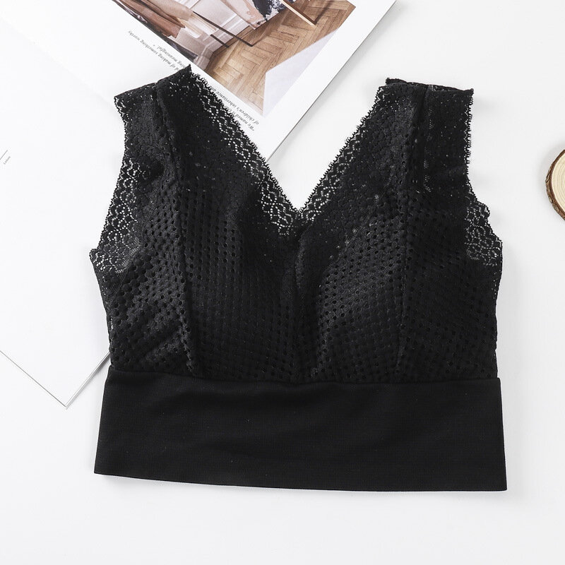 TikTok Live Beauty Back VV Глубокий вырез на груди, кружевной бюстгальтер для женщин, антиэкспозиционный топ, ночная майка, дышащая чашка с подкладкой