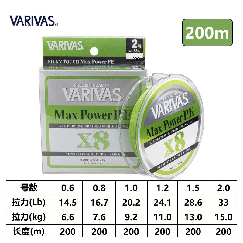VARIVAS X8 Леска для рыбалки зеленая 150м/200м 1.2-24.1LB, 200m