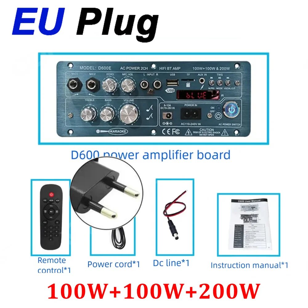 Усилитель Bluetooth D600E EU, 100W+100W+200W