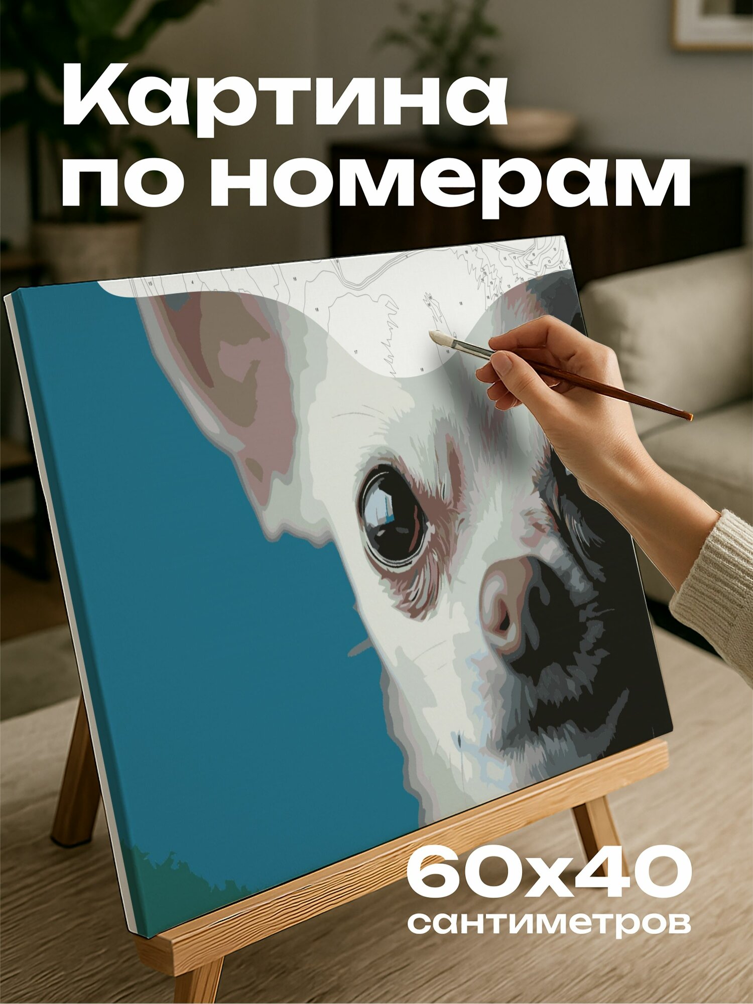 Картина по номерам 60x40 см, чихуахуа, индиго, выразительные глаза, очаровательные черты, тепло, товарищество