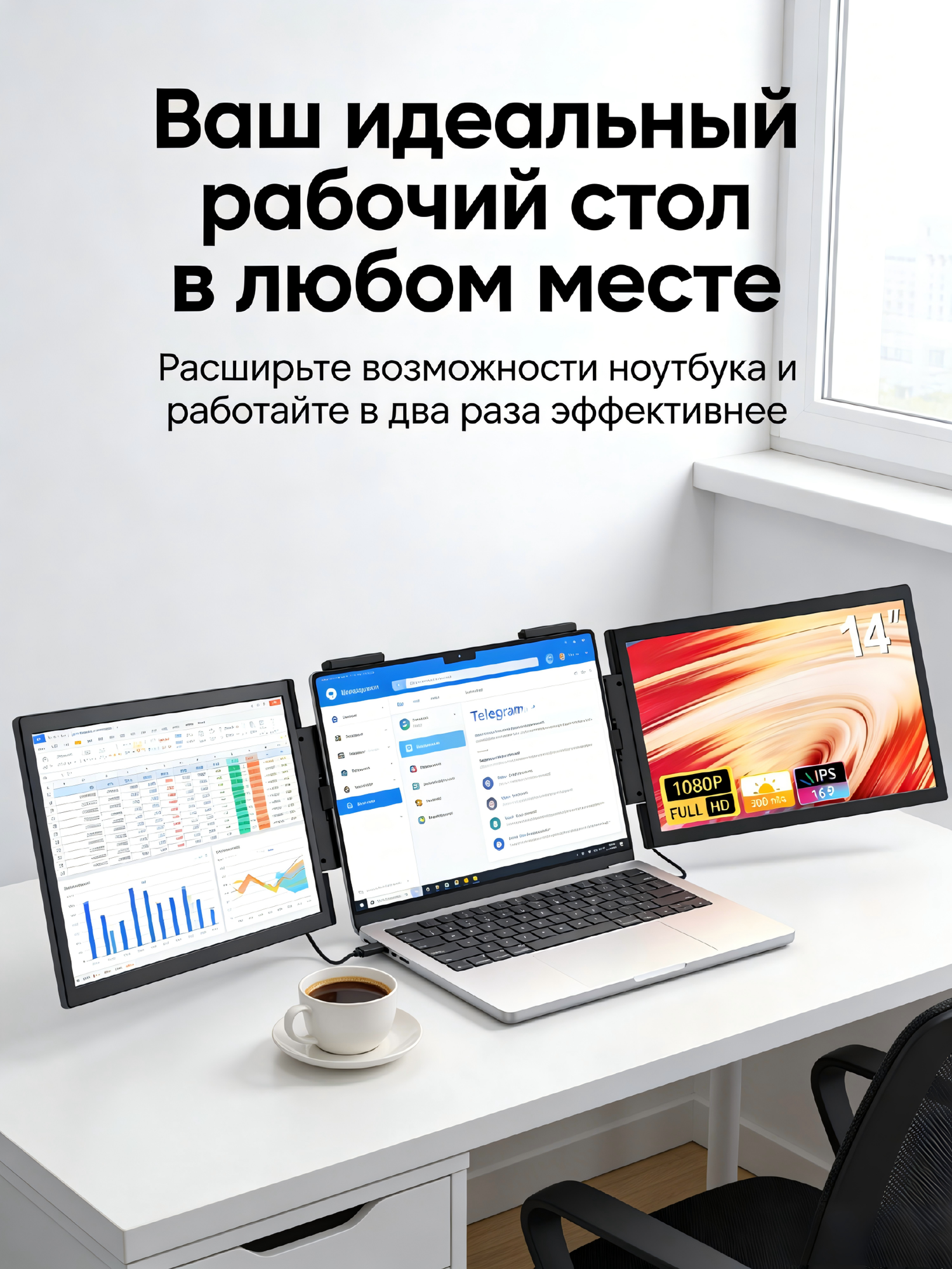 Портативный дисплей 14"Двухэкранный, для ноутбуков 15-17,3", легко устанавливается