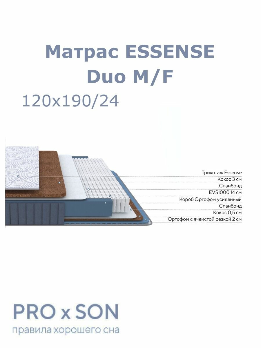 Матрас PROSON ESSENSE DUO M/F 120х190 см с разной жесткостью сторон, Анатомический, Независимые пружины
