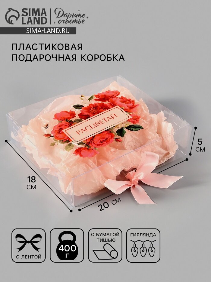 Коробка подарочная пластиковая с тишью и гирляндой «Расцветай», 20×18×5 см