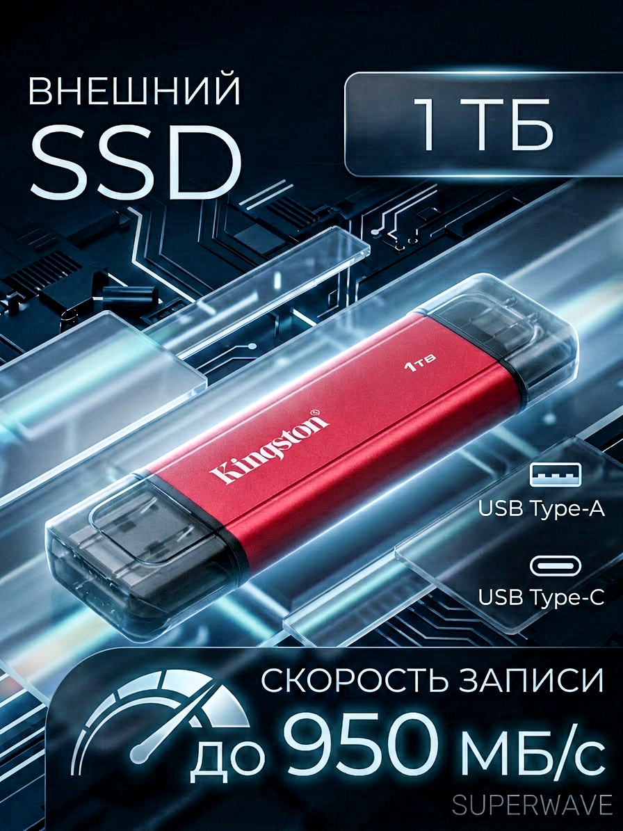 Внешний SSD Kingston 1 ТБ, портативный SSD-диск USB 3.2 Type-C/Type-A, красный, SPSD/1TB