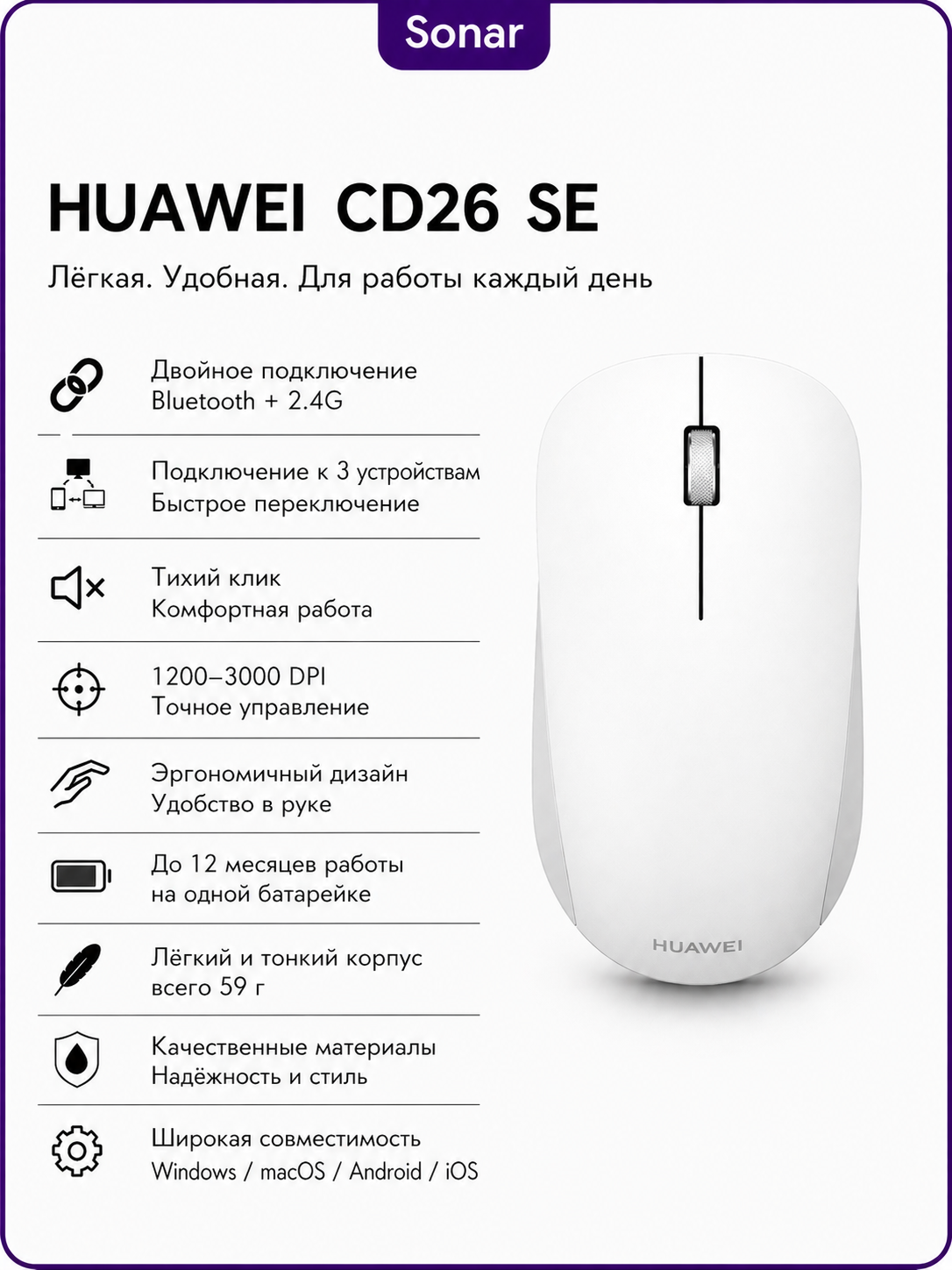 HUAWEI Мышь беспроводная, белое
