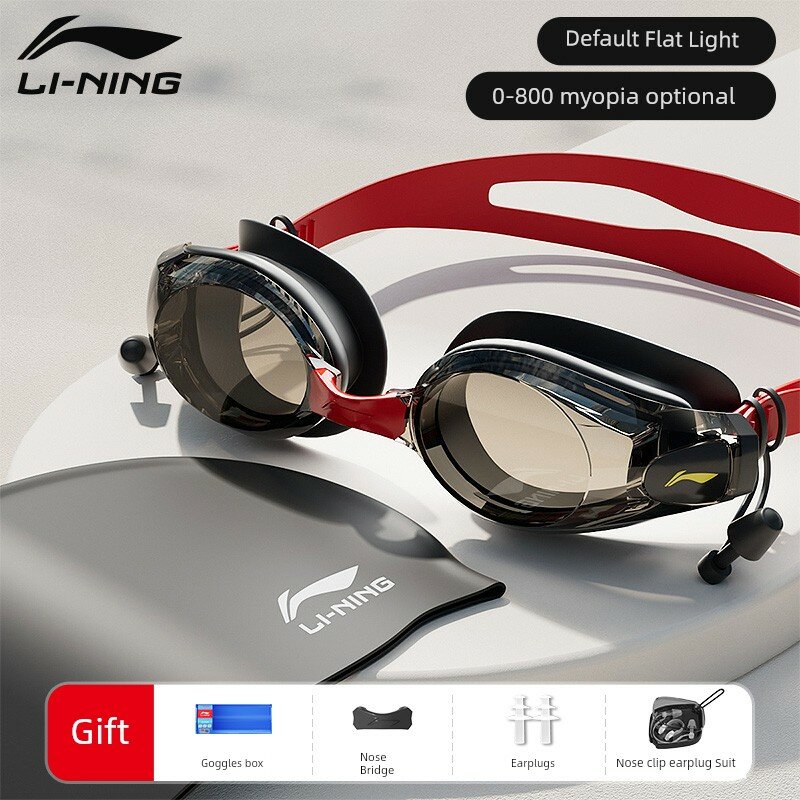 Li-Ning стильные черно-красные плавательные очки с ремешком для ушей и шапкой, прозрачные линзы, диоптрия 400