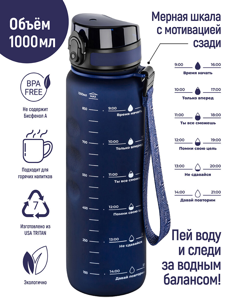 Бутылка для воды спортивная, для холодных и горячих напитков 1000 мл Elan Gallery Style Matte темно-синяя, мотивационная