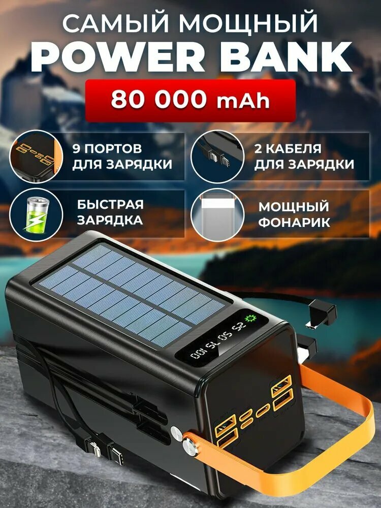 Повербанк мощный для телефона с быстрой зарядкой 80000 power bank с солнечной панелью