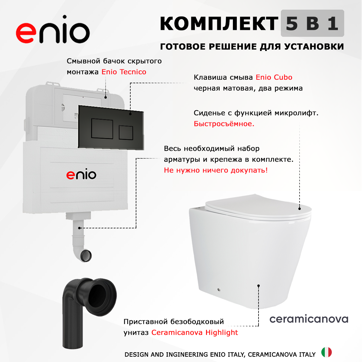 Комплект 3 в 1 смывной бачок скрытого монтажа Enio Tecnico + Унитаз приставной Ceramica Nova Highlight CN1812 с кнопкой черной Cubo EN8050817 + EN8050812 + CN1812