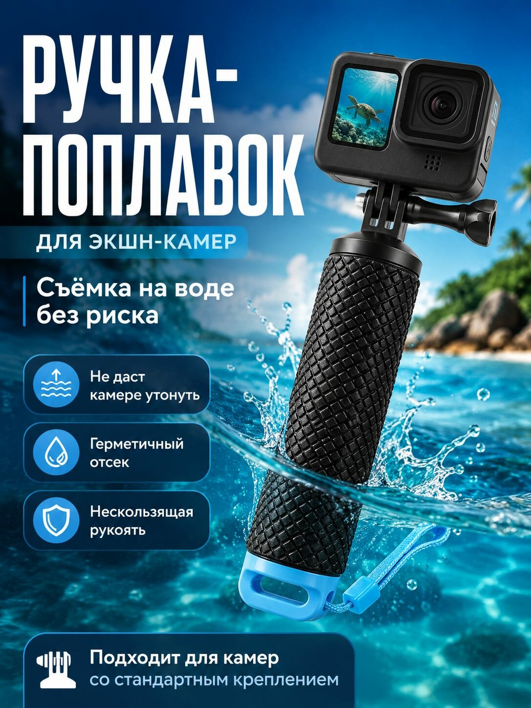 Ручка-поплавок для экшн камеры GoPro SJCAM Eken Xiaomi Insta360 DJI, держатель монопод селфи палка с герметичным отсеком и ремешком, черный/синий