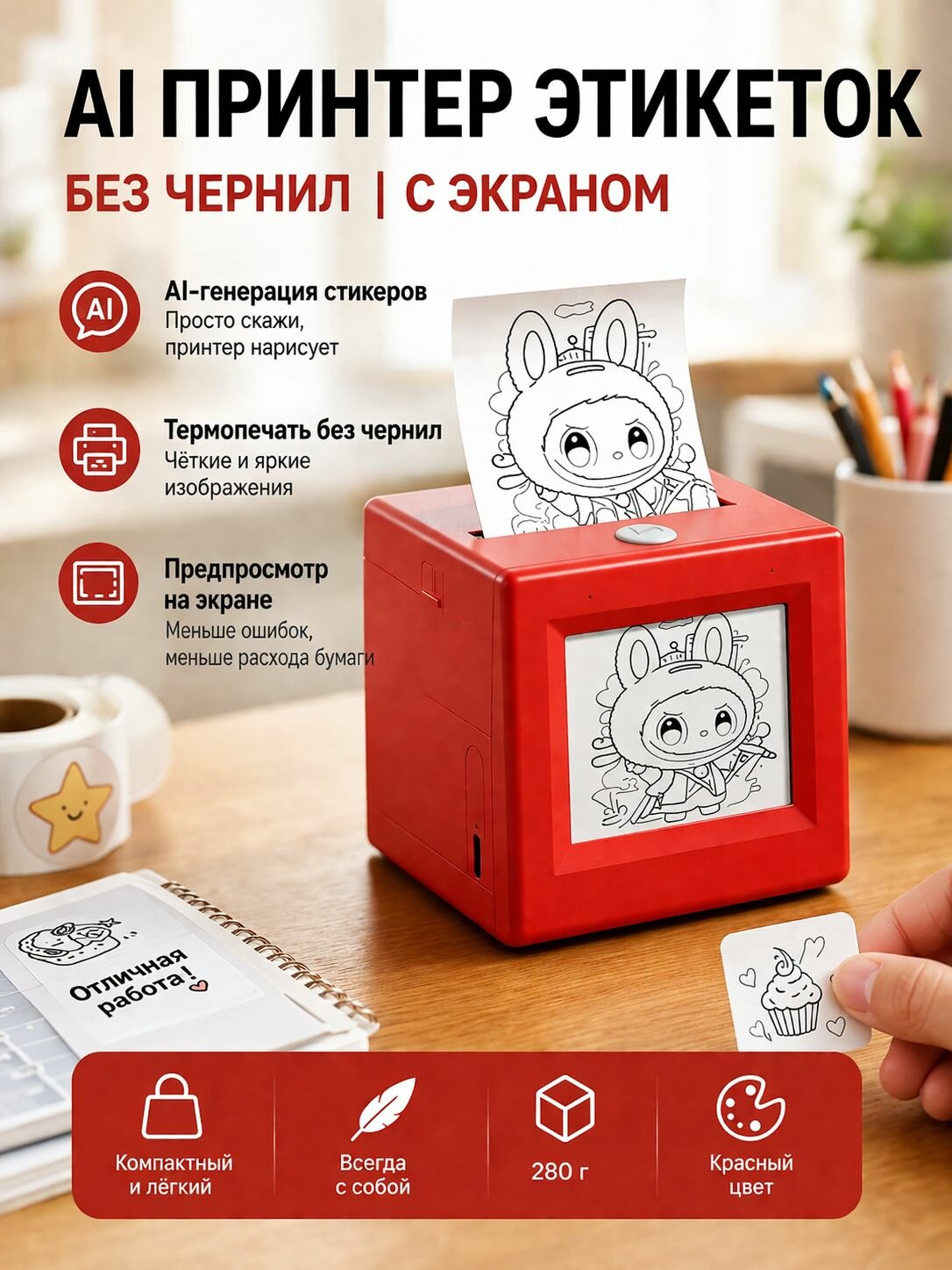 Принтер для наклеек, этикеток , красный
