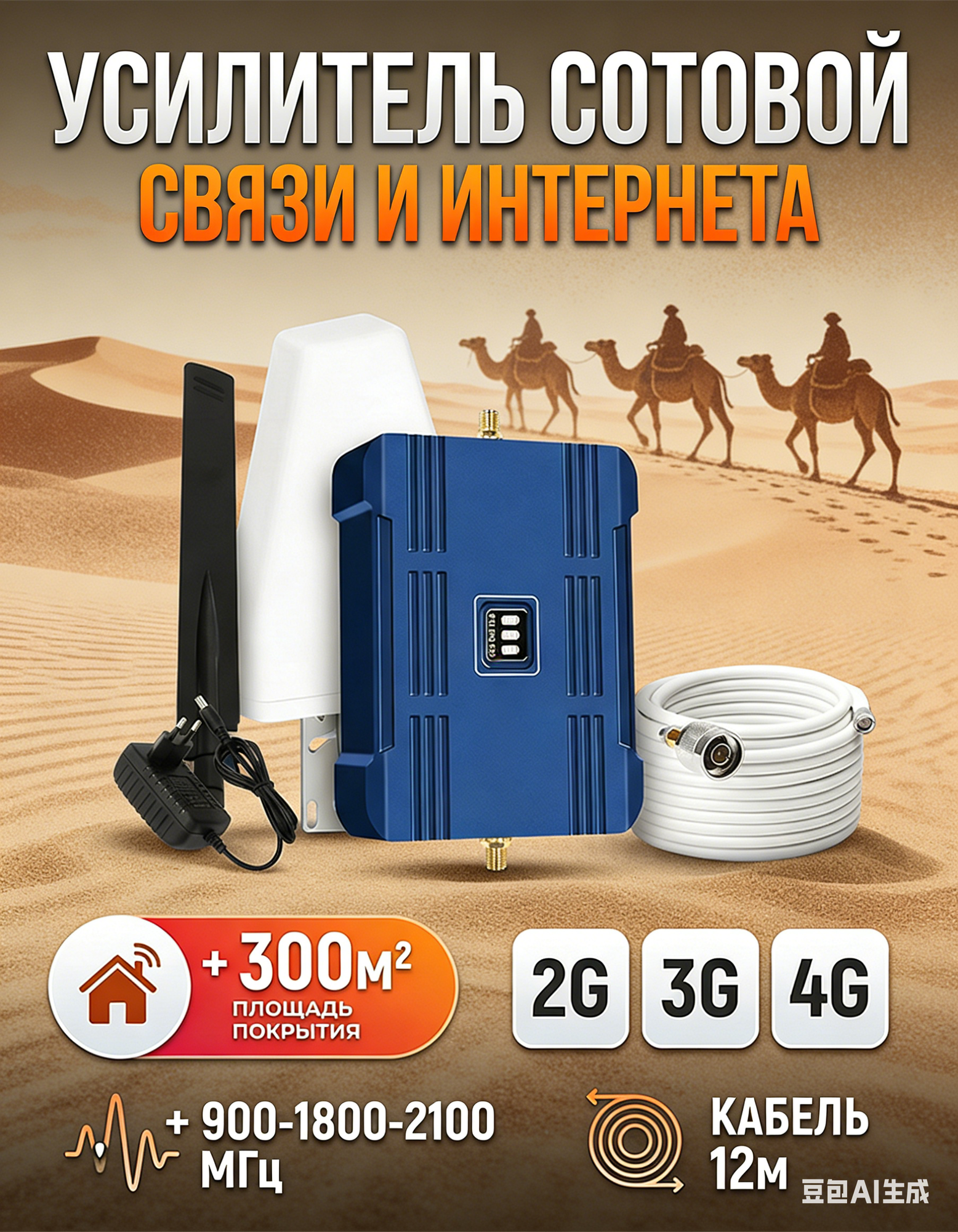 Усилитель сотовой связи 900/1800/2100 МГц (2G/3G/4G): до 70 км, направленный, синий, 1.3 кг