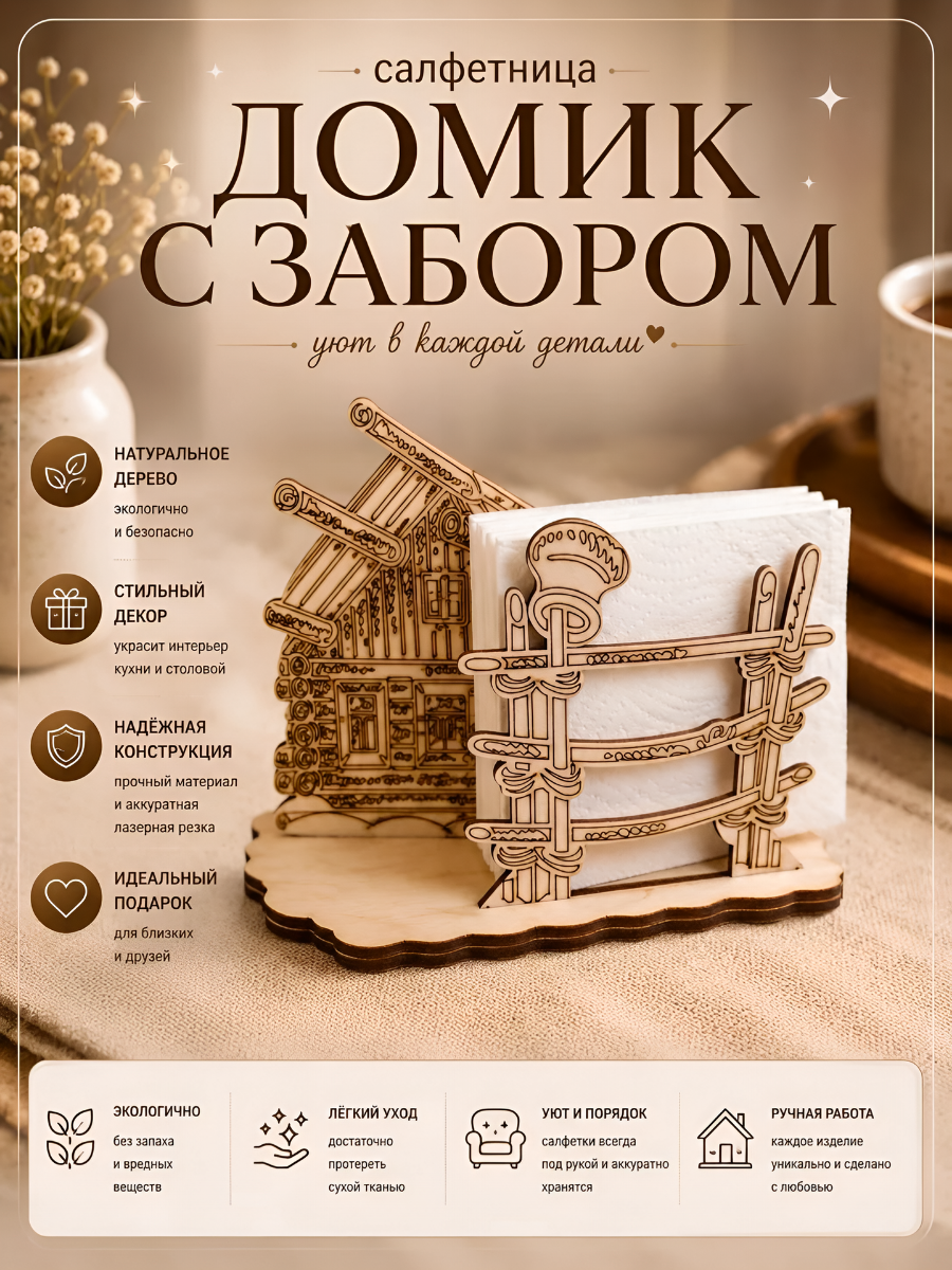 Салфетница "Домик с забором" Московский сувенир, ручная работа, дерево, коричневый цвет — фото 1