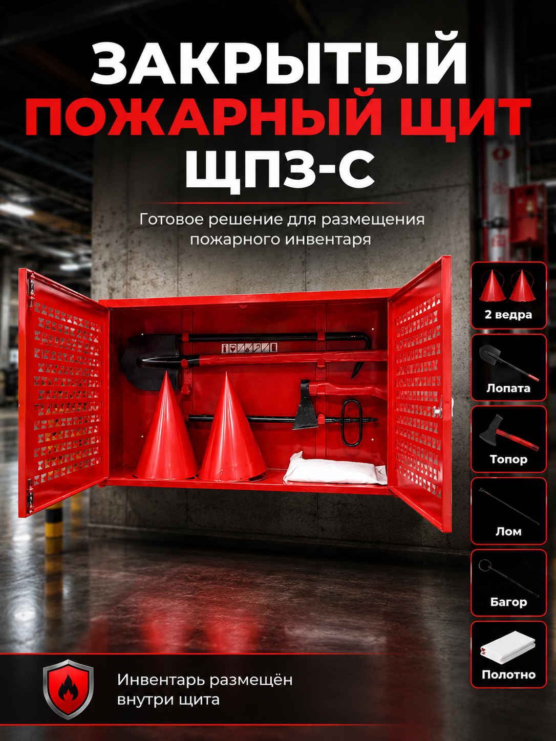 Щит пожарный ЩПЗ-СК в комплекте с инвентарём закрытого типа с сеткой