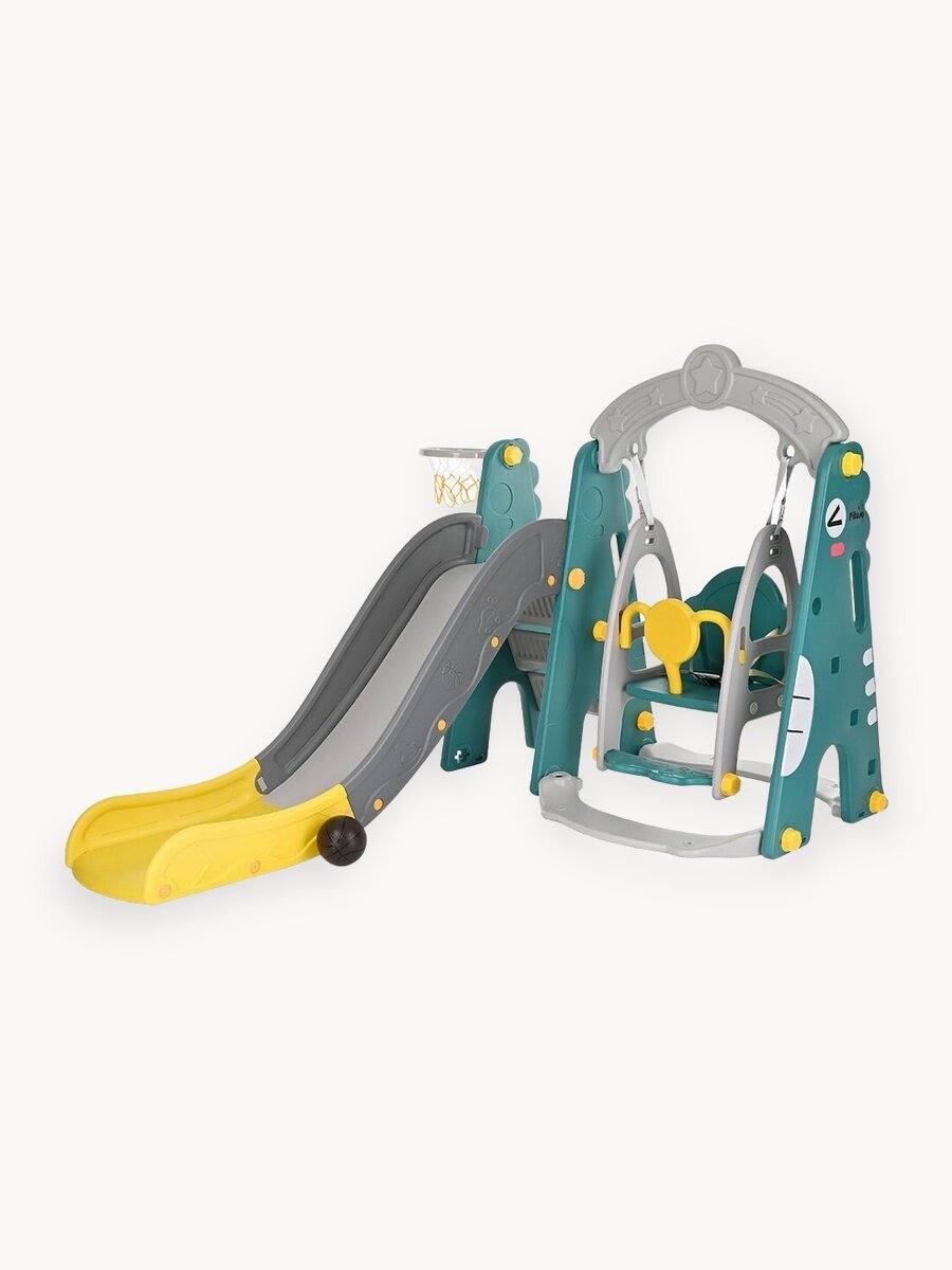 Горка детская с качелями Pituso "Динозавр", игровой комплекс 3 в 1 с баскетбольным кольцом, цвет зеленый
