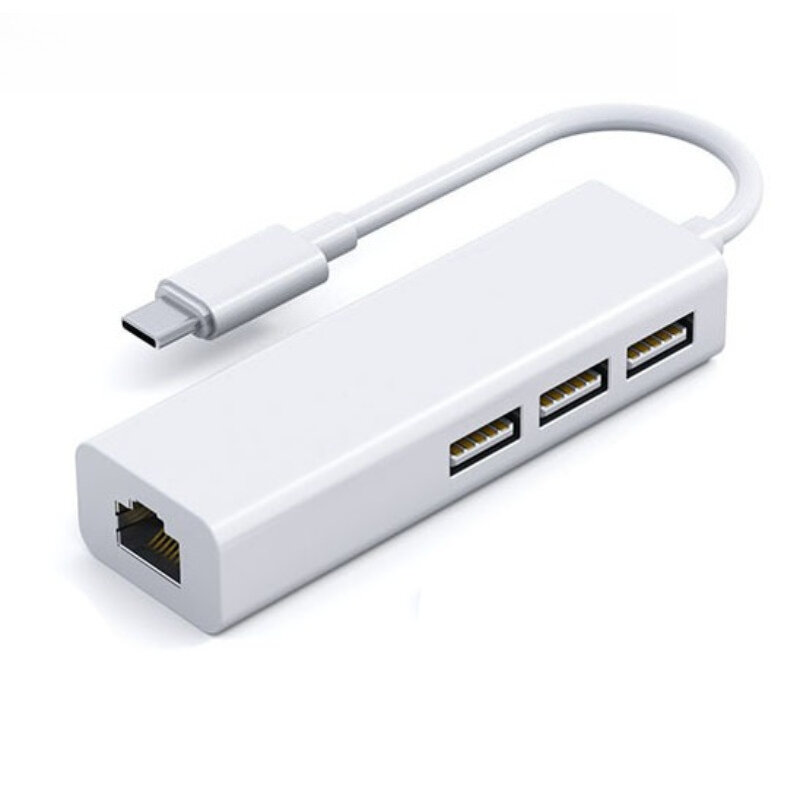Адаптер Type-C на RJ45 с концентратором из 3 портов USB 2.0 для быстрой передачи данных и зарядки, корпус из TPE/ABS, установка без драйверов