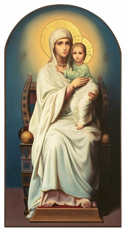 Дарующая икона Божией Матери деревянная арочная на левкасе 19 см