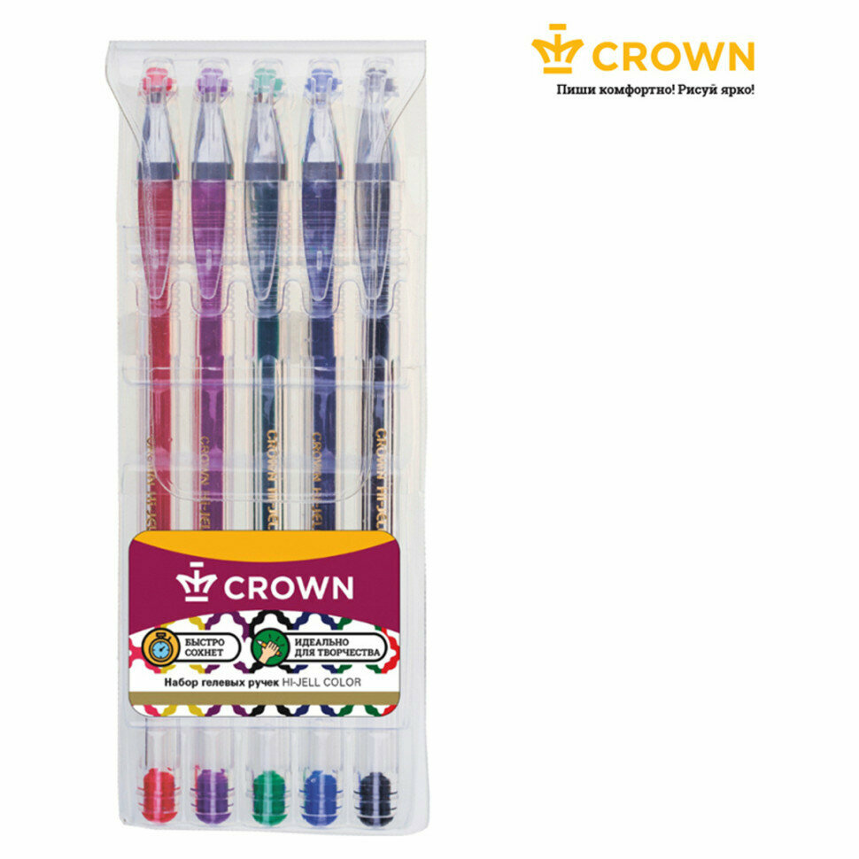 Набор гелевых ручек Crown "Hi-Jell Color" 5шт, 5цв, ПВХ уп, европодвес, 003349