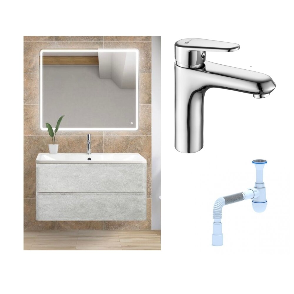 Комплект: Мебель для ванной BelBagno Albano 100 cemento verona grigio + Смеситель Lemark Point LM0306C для раковины однорычажный, хром + Сифон АниПласт 139699 + LM0306C + C2015xrv
