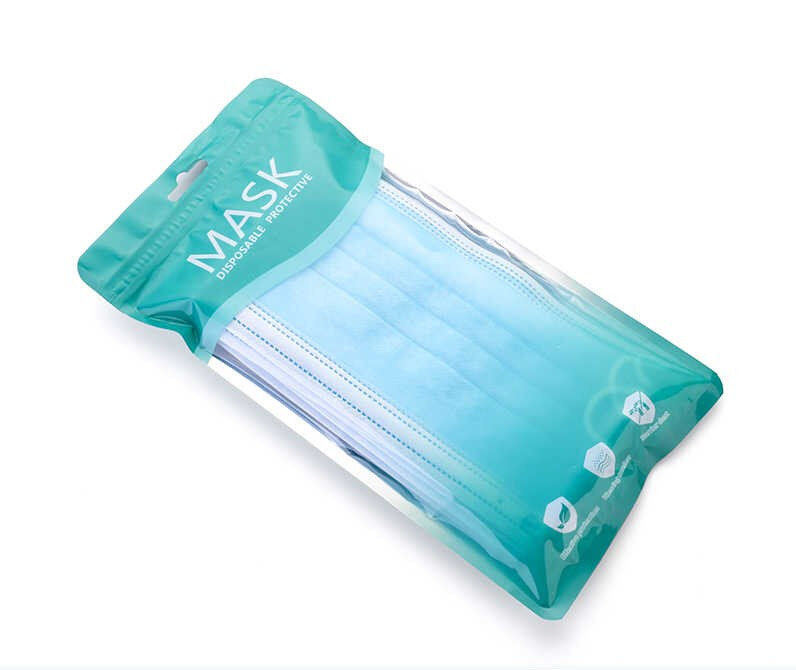 Маска защитная трехслойная голубая на резинках (пакет) 10 шт