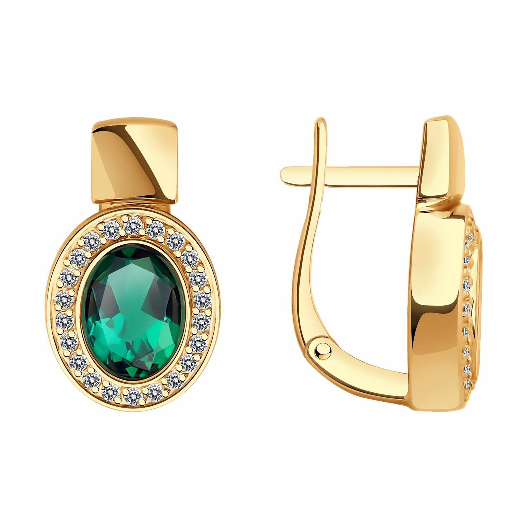 Серьги, красное золото, 585 проба, изумруд синтетический, фианит