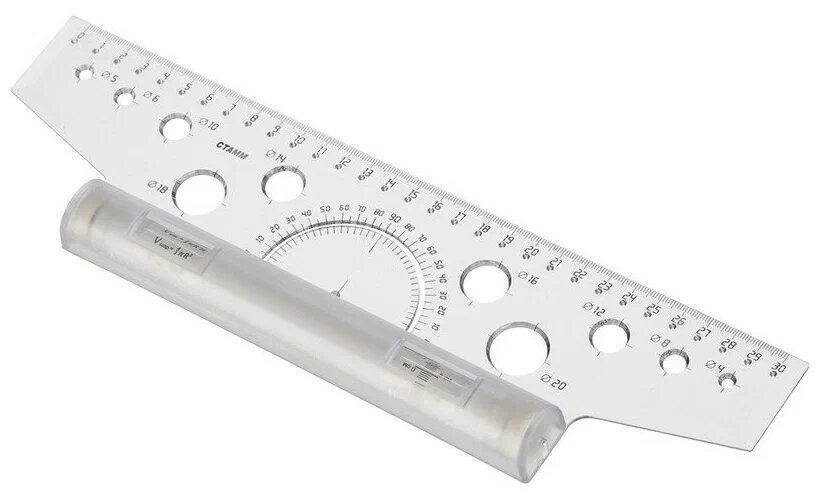 Линейка с роликом (рейсшина) 30 см, СТАММ, пластиковый ролик, с транспортиром, прозрачная, ЛР20, 1 шт. в заказе