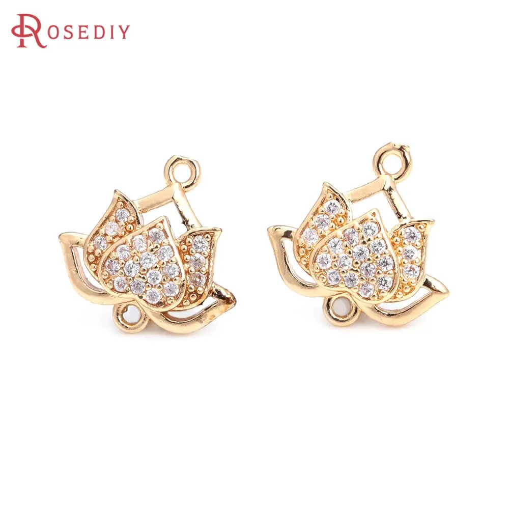 Подвески с цветочком лотоса Rosediy, латунь и кубический цирконий, 10 шт.
