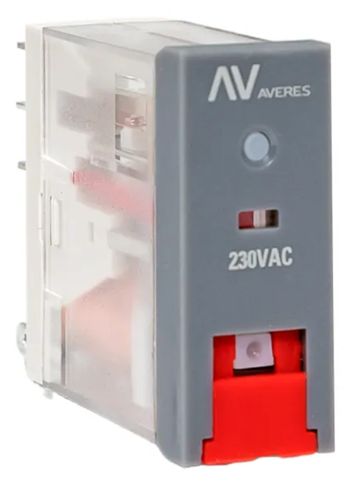 Реле промежуточное EKF / ЕКФ Averes RPAt 22/2 с кнопкой и механической индикацией, 2 контакта, 12.6х31х32мм, 8A 230В AC, rpat-22-2-230AC