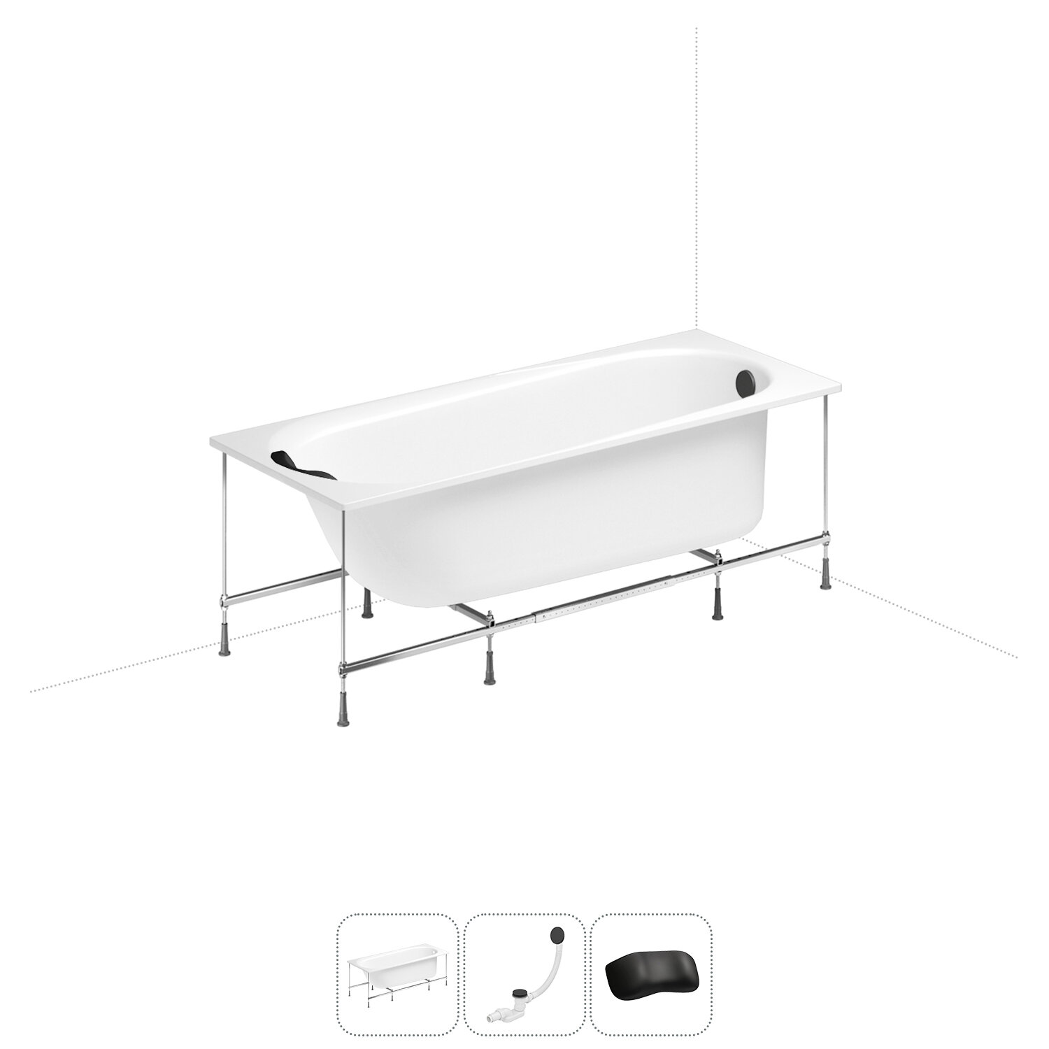 Акриловая ванна 150x70 с каркасом Lavinia Boho Biore 20220883R в наборе 4 в 1: прямоугольная ванна 150 x 70 см, каркас, слив-перелив, подголовник