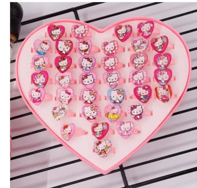Детские кольца Sanrio Hello Kitty из 36 предметов, детские регулируемые кольца для малышей, модные детские кольца с героями мультфильмов для девочек, в форме сердца, в коробке, рождественский подарок