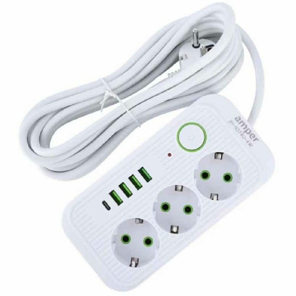 Сетевые фильтры Amper сетевой удлинитель, 4,0м, 3 розетки, 3 0,75мм, 10А, 2500 Вт, 4usb, 1Type - C, белый. JH - 1074U - 4W