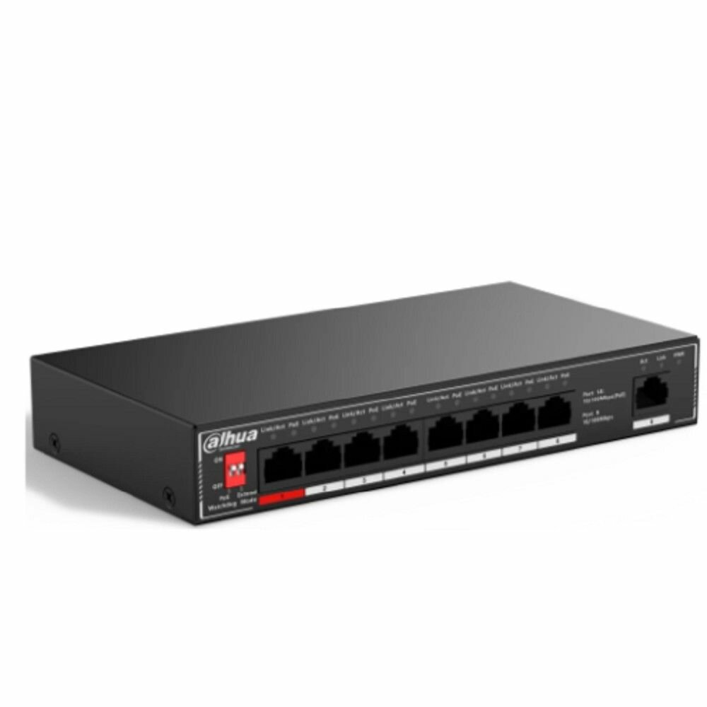 DAHUA Коммутаторы DH - SF1009P 9 - портовый неуправляемый коммутатор с РоЕ, 8xRJ45 100Mb PoE, 1xRJ45 100Mb uplink, суммарно 96Вт, коммутация 1.8 Гбит с, MAC - таблица 2K, металл