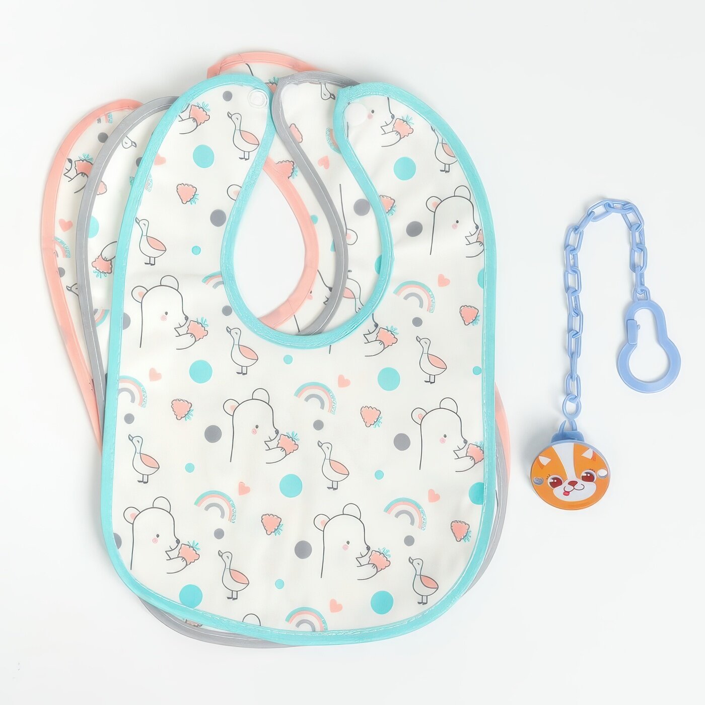 Набор детских слюнявчиков Крошка Я, 3 шт. + подарок, 29х20 см, цвет бирюзовый, розовый, серый