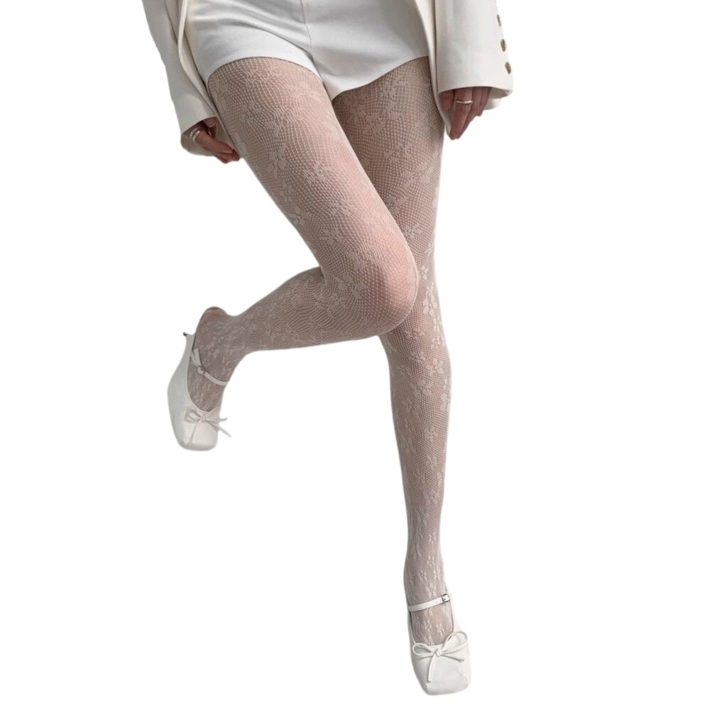 Кружевные сетчатые полые колготки с лепестками, чулки-Белый