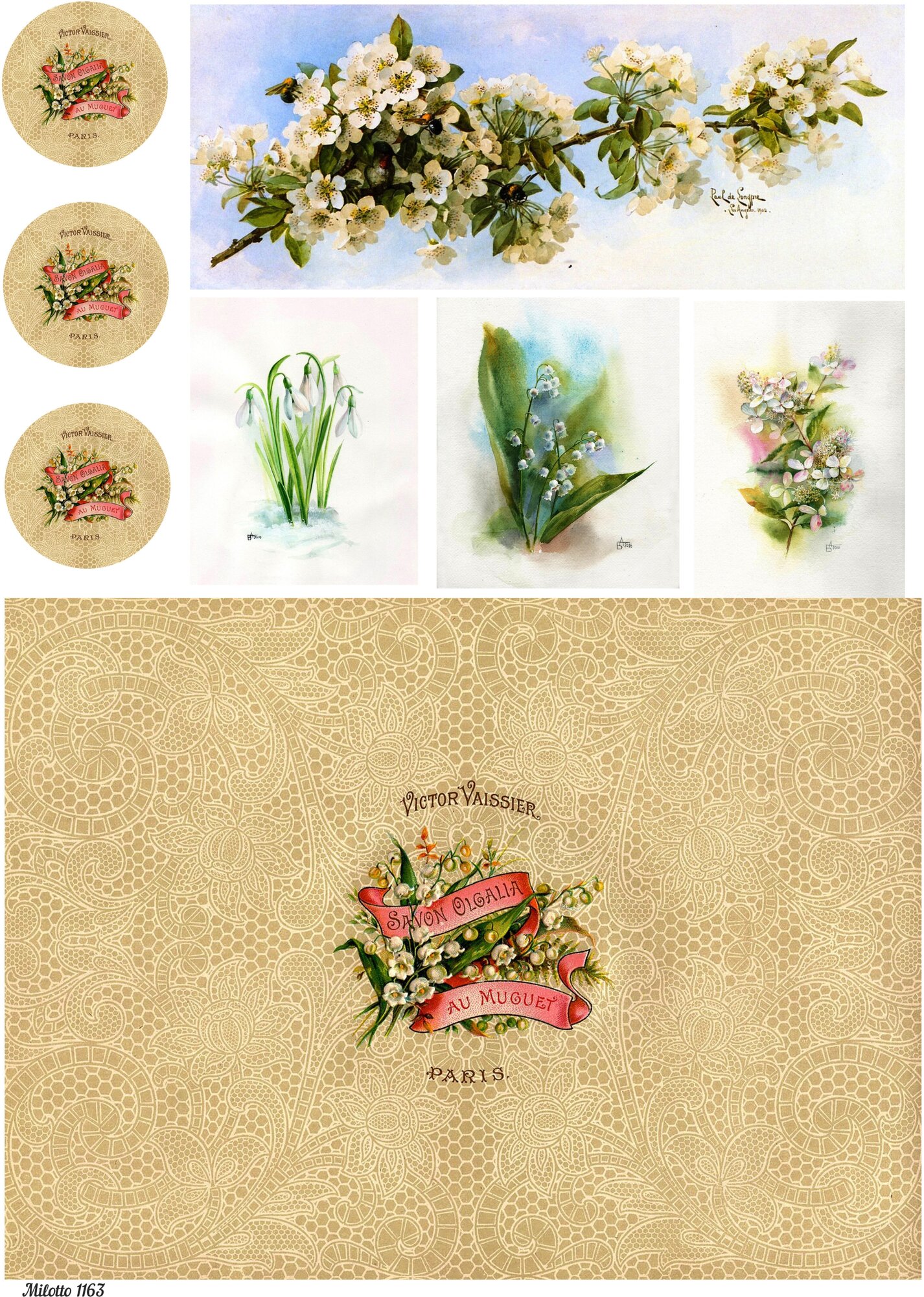 Картинки для декупажа на рисовой бумаге A4 1163 цветы кружево винтаж Milotto