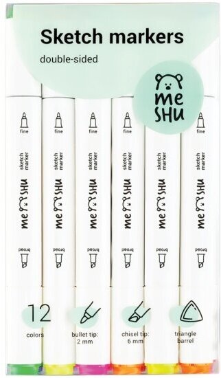 Набор маркеров для скетчинга Meshu 12цв, основные и флуоресцентные цвета