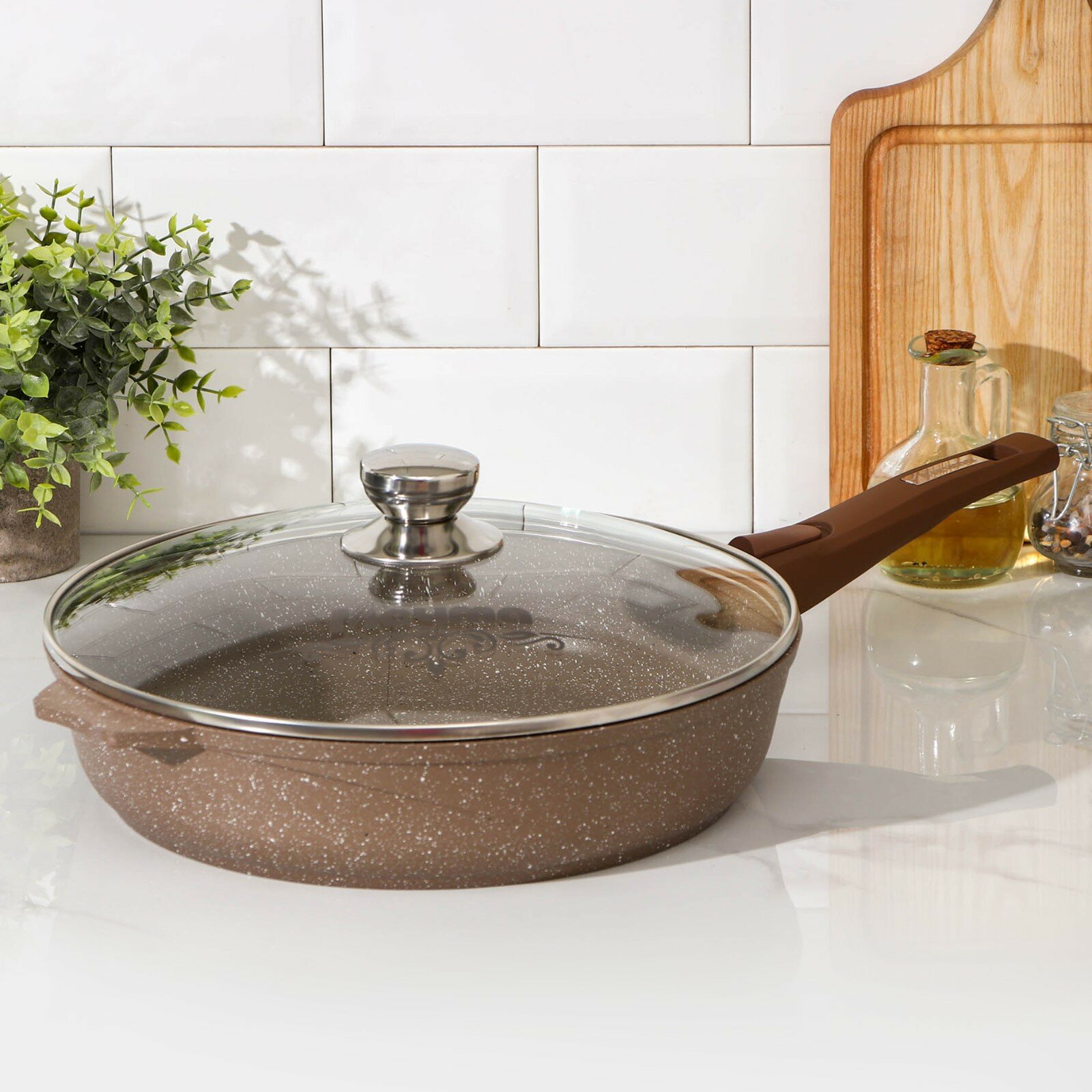 Сковорода "Мечта" «Гранит», d=30 см, съёмная ручка, стеклянная крышка, антипригарное покрытие, коричневый