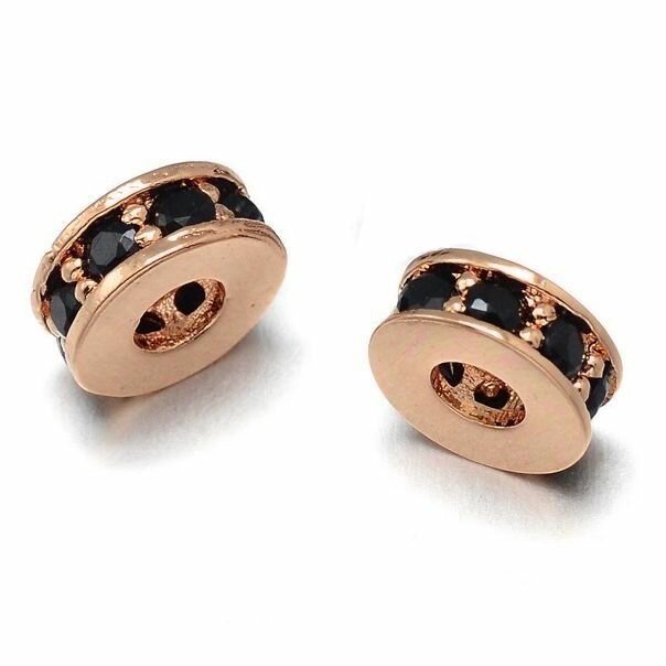 Бусина металлическая 7х3мм, Milano, Рондель, с крупным отверстием, с черными фианитами, базовый материал - латунь, под розовое золото, 1 шт.